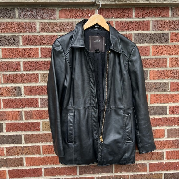 Coach | Jackets & Coats | Coach Black Leather Full Zip Up Collared ...